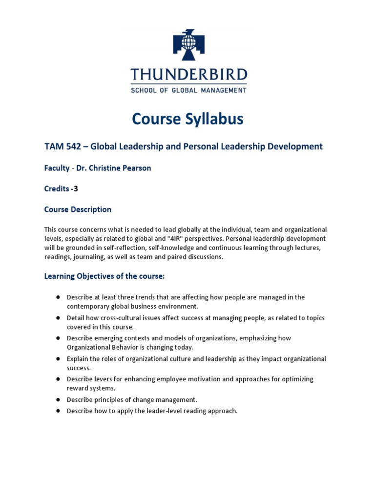 Course Syllabus: TAM 542 - Global Leadership and Personal Leadership ...