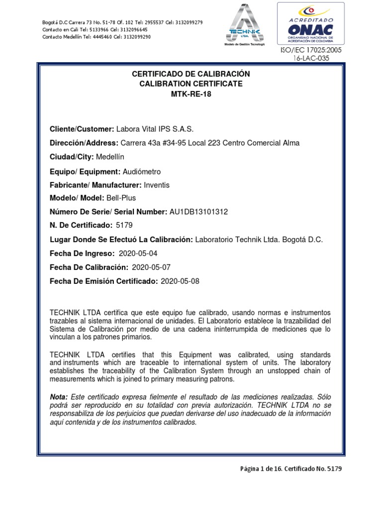 CERTIFICADO DE CALIBRACIÓN 2020-AUDIOMETRO BELL PLUS - AU1DB13101312 ...