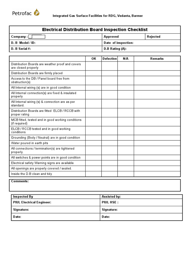 Electrical Distribution Board Inspection Checklist | PDF | Technology ...