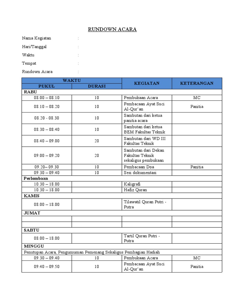 Rundown Acara MTQ Tingkat Kecamatan | PDF
