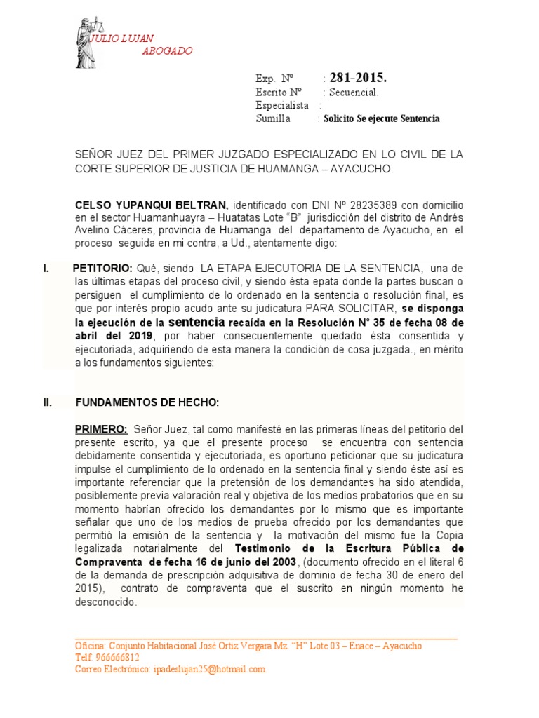 Solicito Ejecucion de La Sentencia | PDF | Sentencia (ley) | Derecho civil (sistema legal)