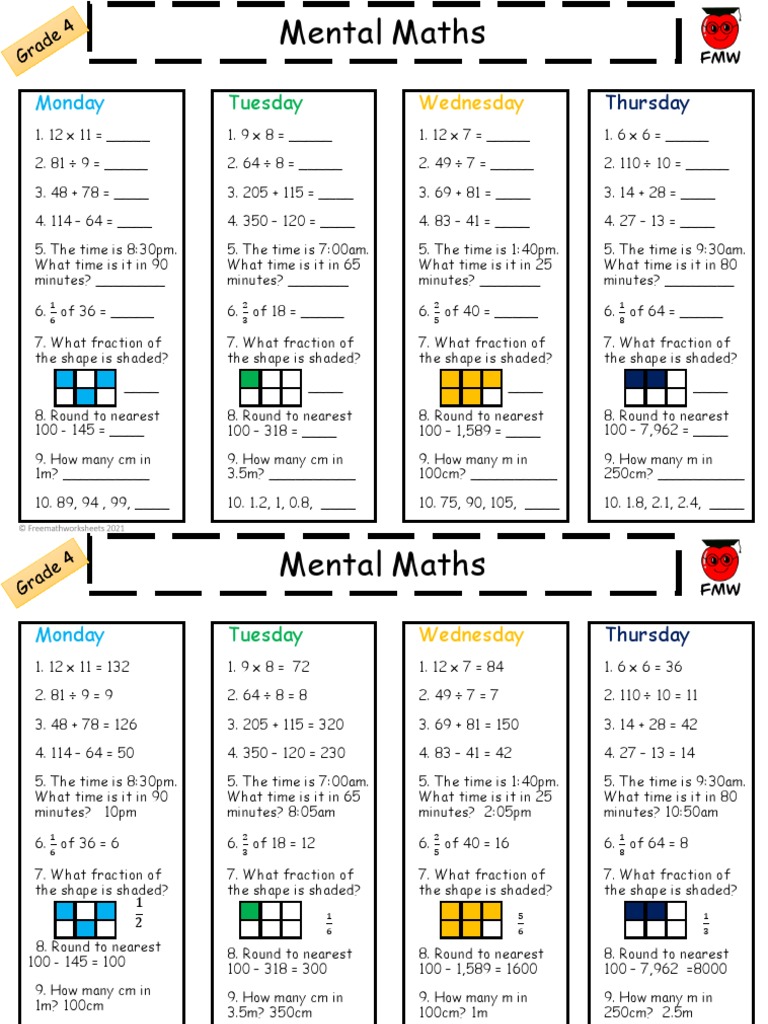 Grade 4 Mental Maths Worksheet 1 1 | PDF