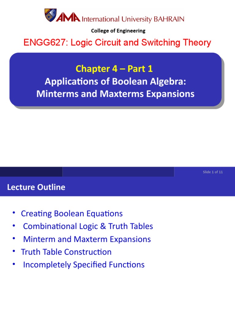 Chapter 4 - Part 1: Applications of Boolean Algebra: Minterms and Maxterms Expansions | PDF ...