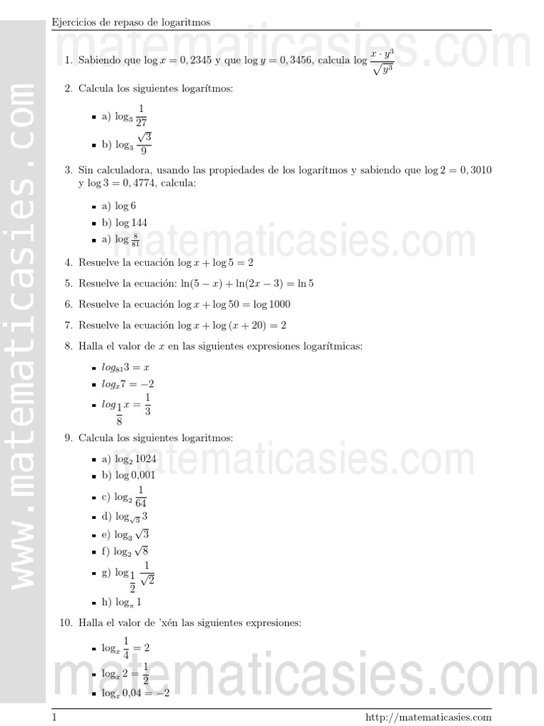 Ejercicios prácticos para repasar propiedades y cálculo de logaritmos | PDF | Logaritmo ...
