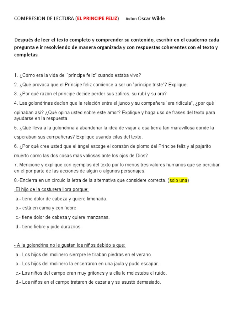 Comprensión Lectora: El Príncipe Feliz | PDF