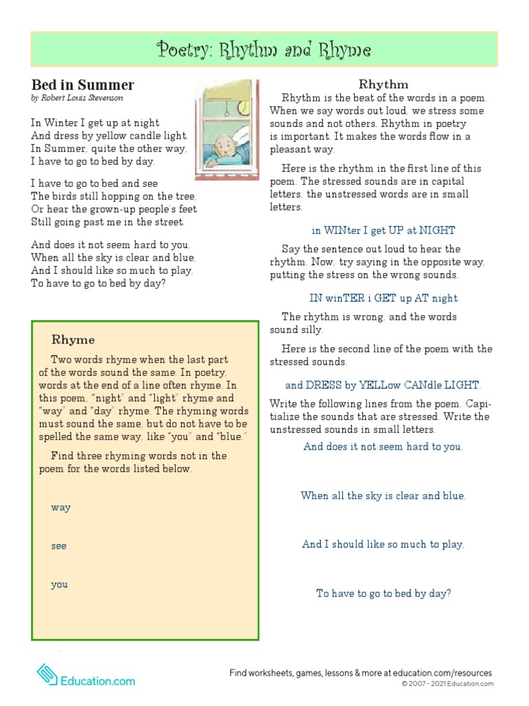 Poetry: Rhythm and Rhyme: Bed in Summer | PDF | Poetry | Rhyme