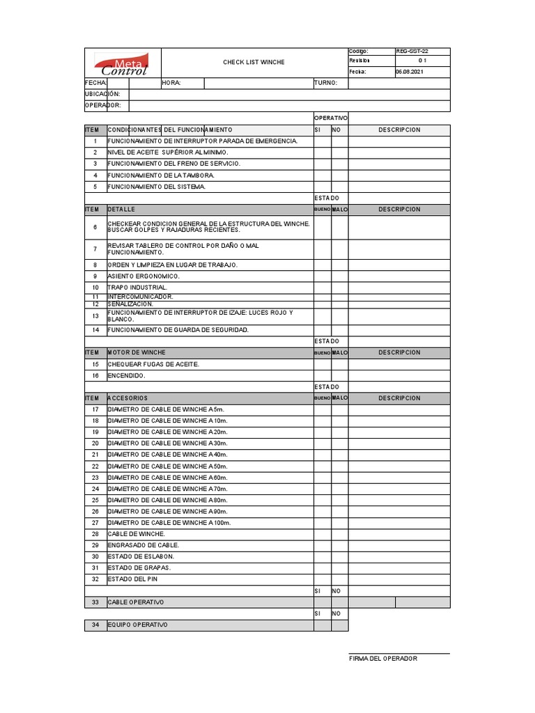Check List Winche Electrico | PDF