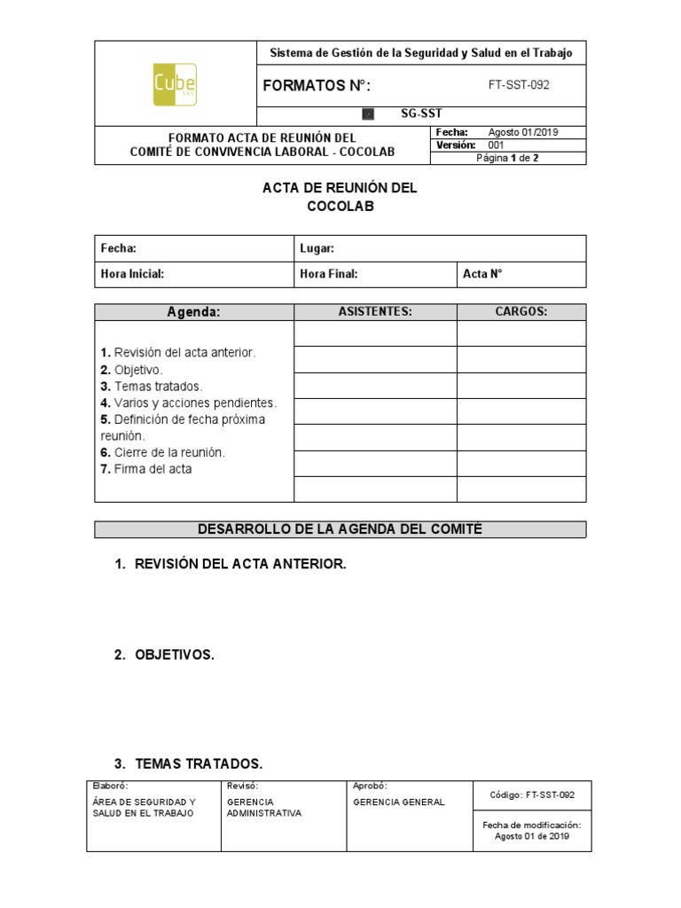 FT-SST-092 Formato de Acta de Reunión Del COCOLAB | PDF