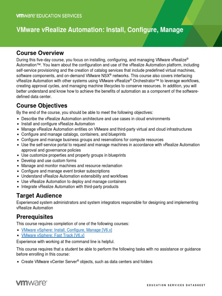 EDU - DATASHEET VMware VRealize Automation - Install Configure Manage 7.6 | PDF | Cloud ...