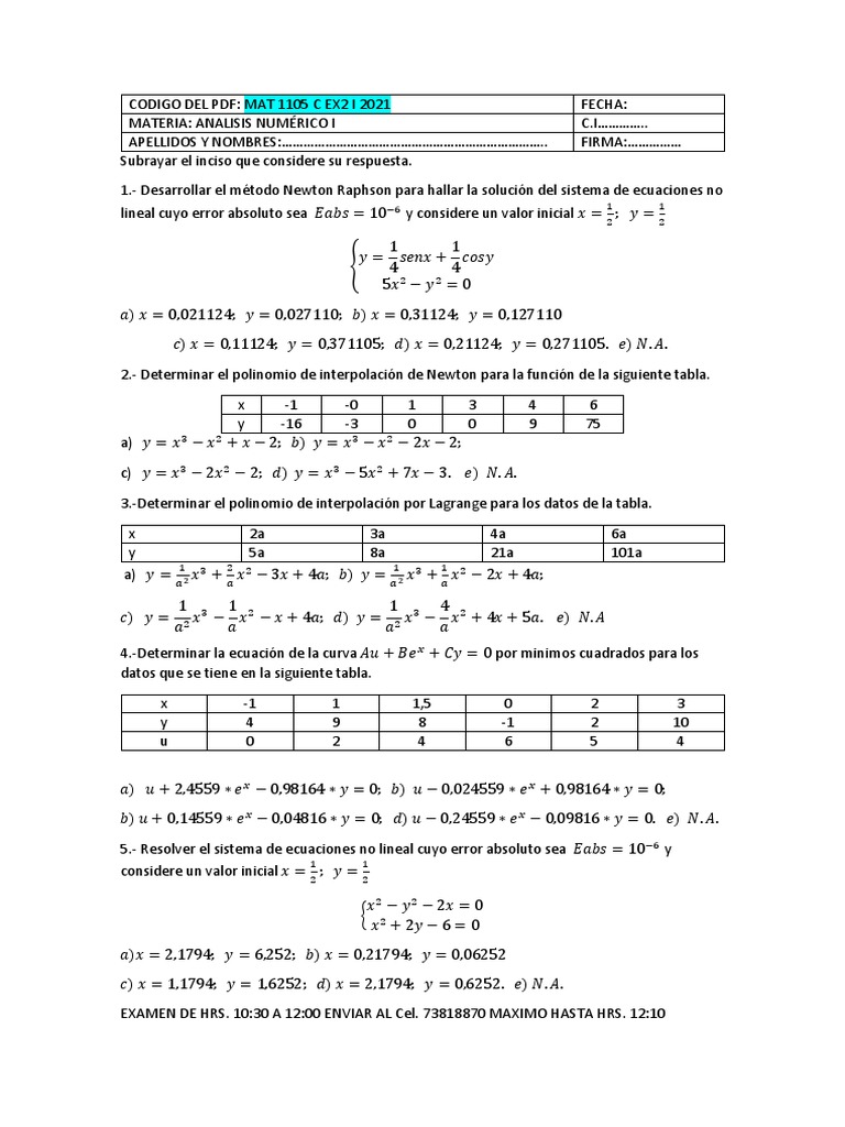 Mat 1105 C Ex2 I 2021 | PDF | Análisis numérico | Matemáticas