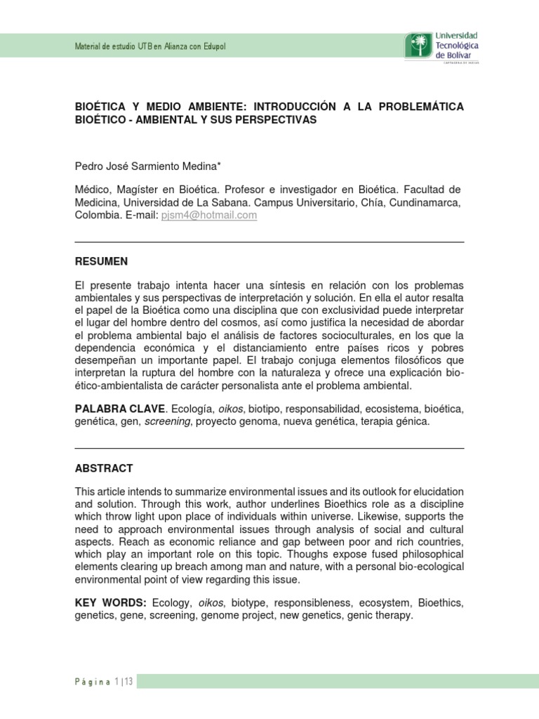 Bioética y Medio Ambiente - Introducción A La Problemática Bioético ...
