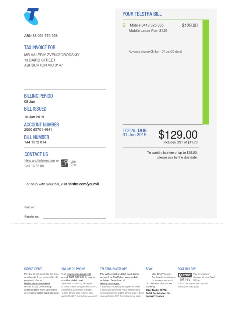 Tax Invoice For: Your Telstra Bill | Download Free PDF | Debit Card ...