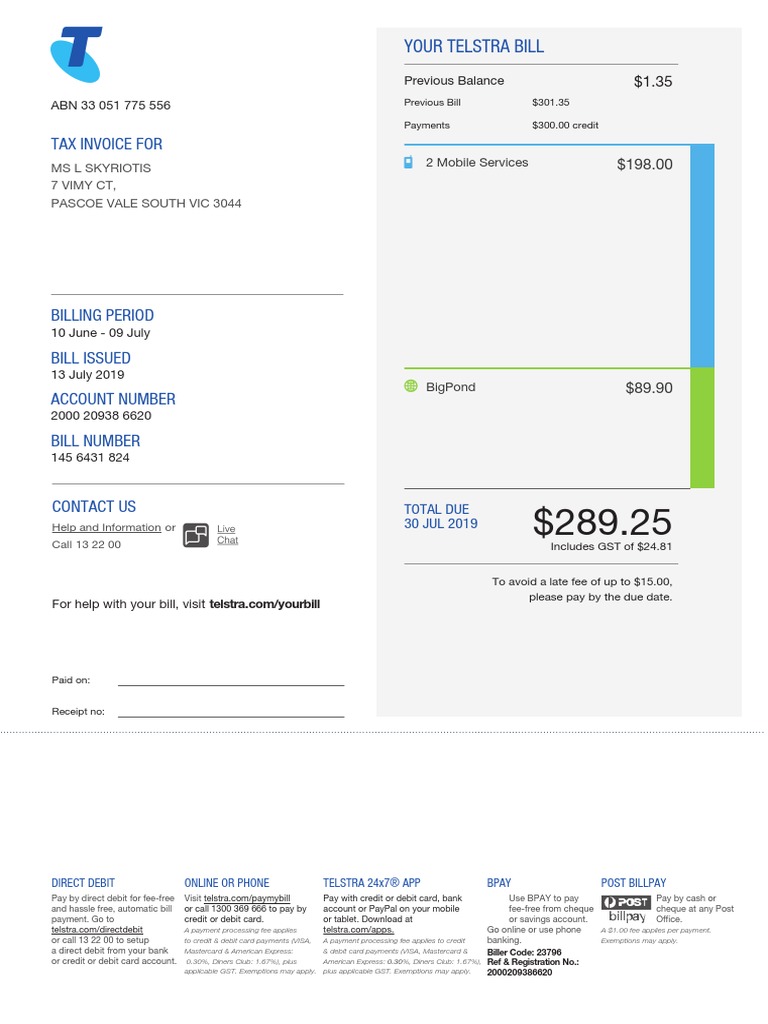 Tax Invoice For: Your Telstra Bill | PDF | Debit Card | Financial Services