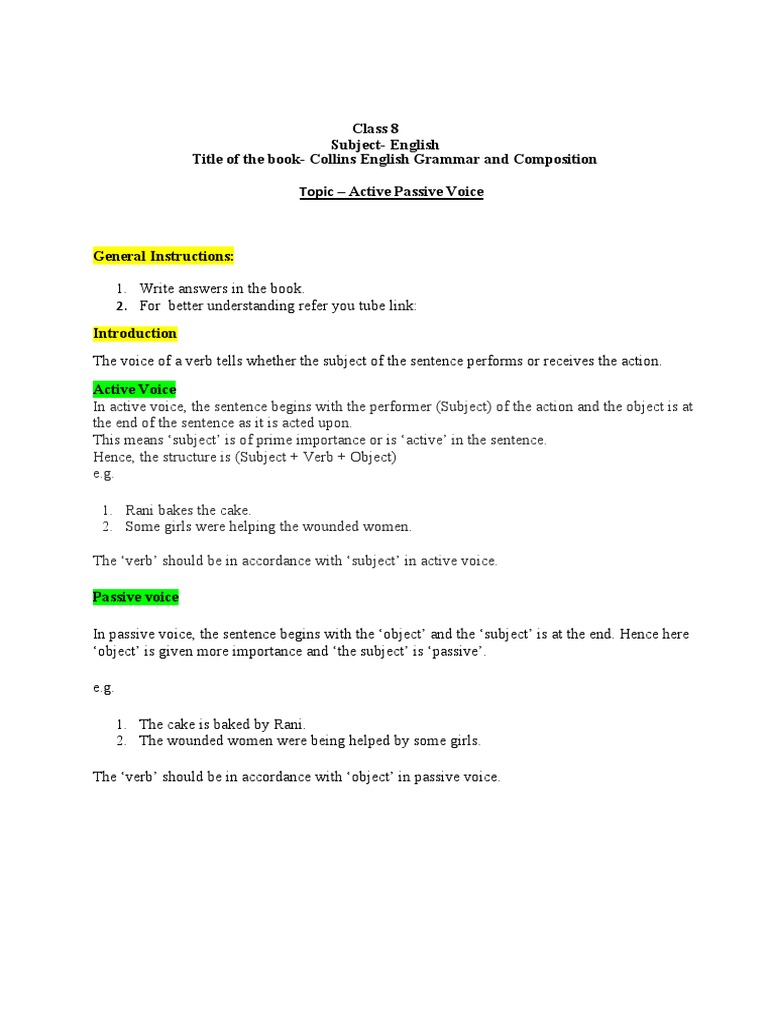Active and Passive Voice Guide for Class 8 | PDF | Subject (Grammar) | Verb