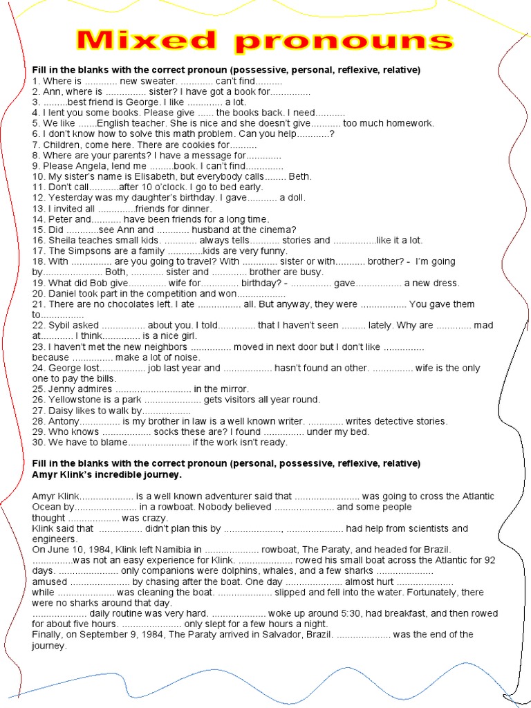 Mixed Pronouns Grammar Drills Oneonone Activities 124114 | PDF