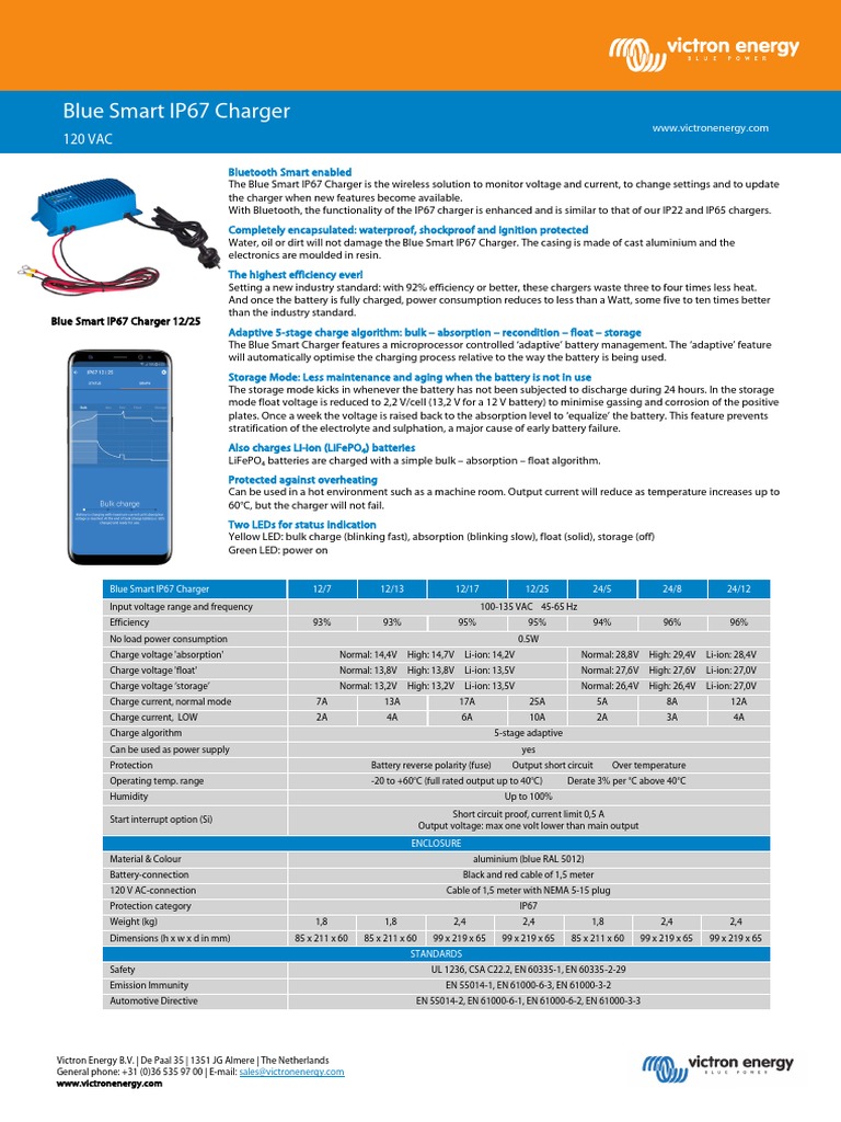 Datasheet Blue Smart IP67 Charger 120VAC EN | PDF | Battery Charger ...