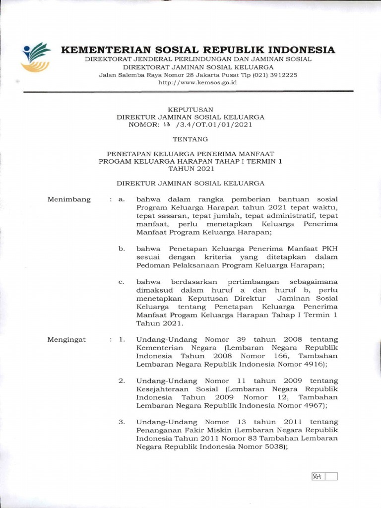 13 Sk Penetapan Kpm Pkh Tahap I Termin I Th 2021 Pdf