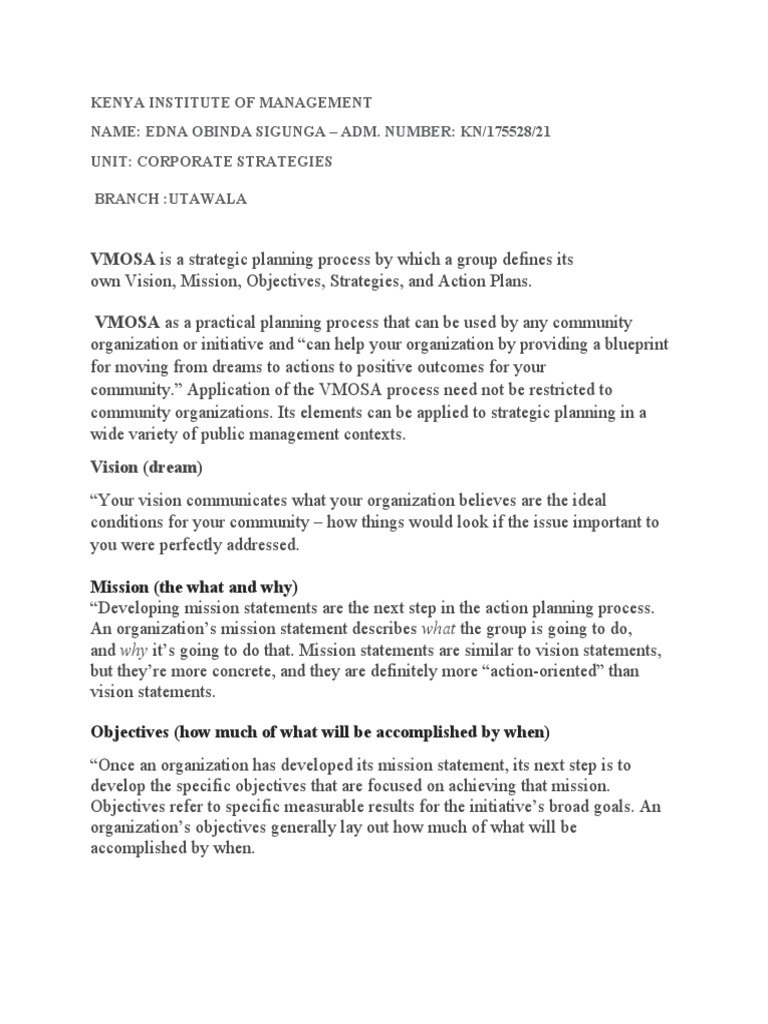 VMOSA Is A Strategic Planning Process by Which A Group Defines Its ...