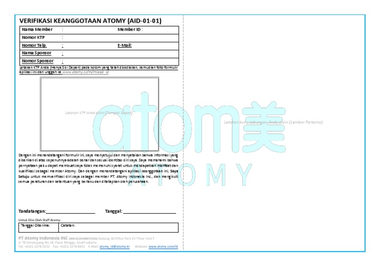 Formulir Verifikasi Keanggotaan Atomy Indonesia (Aid-01-01) | PDF