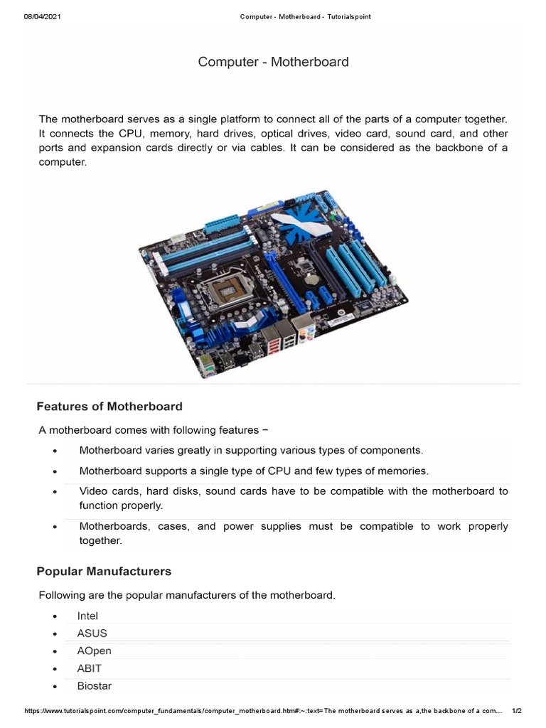 Computer - Motherboard - Tutorialspoint | PDF