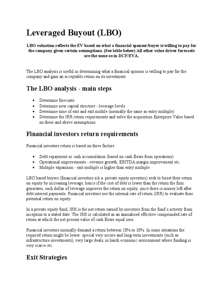 Leveraged Buyout (LBO) : The LBO Analysis - Main Steps | PDF | Beta ...