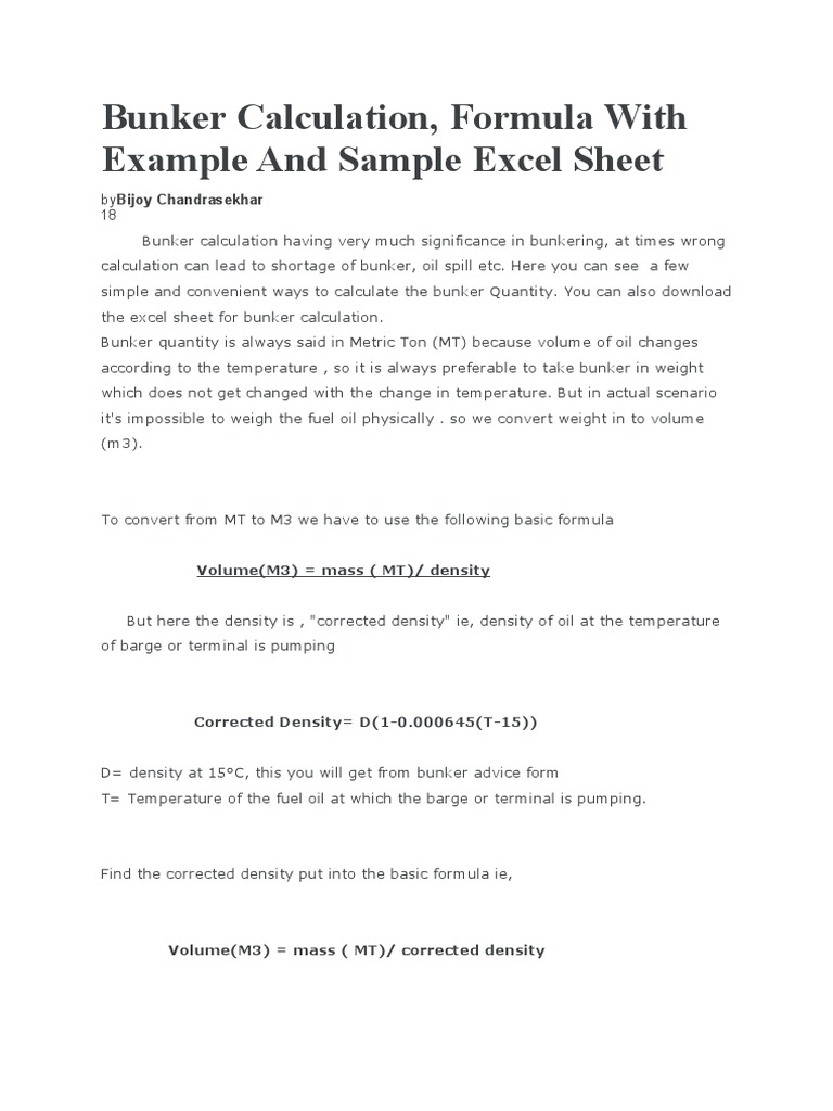 Bunker Calculation, Formula With Example and Sample Excel Sheet | PDF