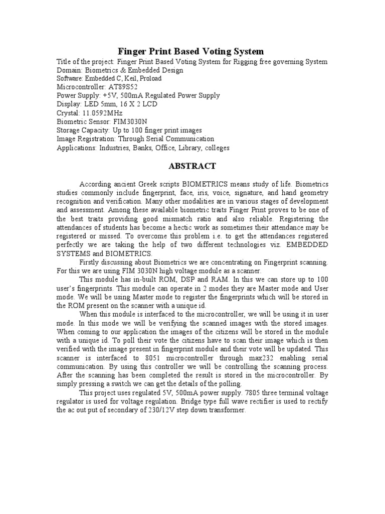 Finger Print Based Voting System For Rigging Free Governing System ...