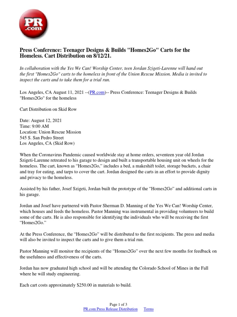 Press Conference: Teenager Designs & Builds "Homes2Go" Carts For The ...