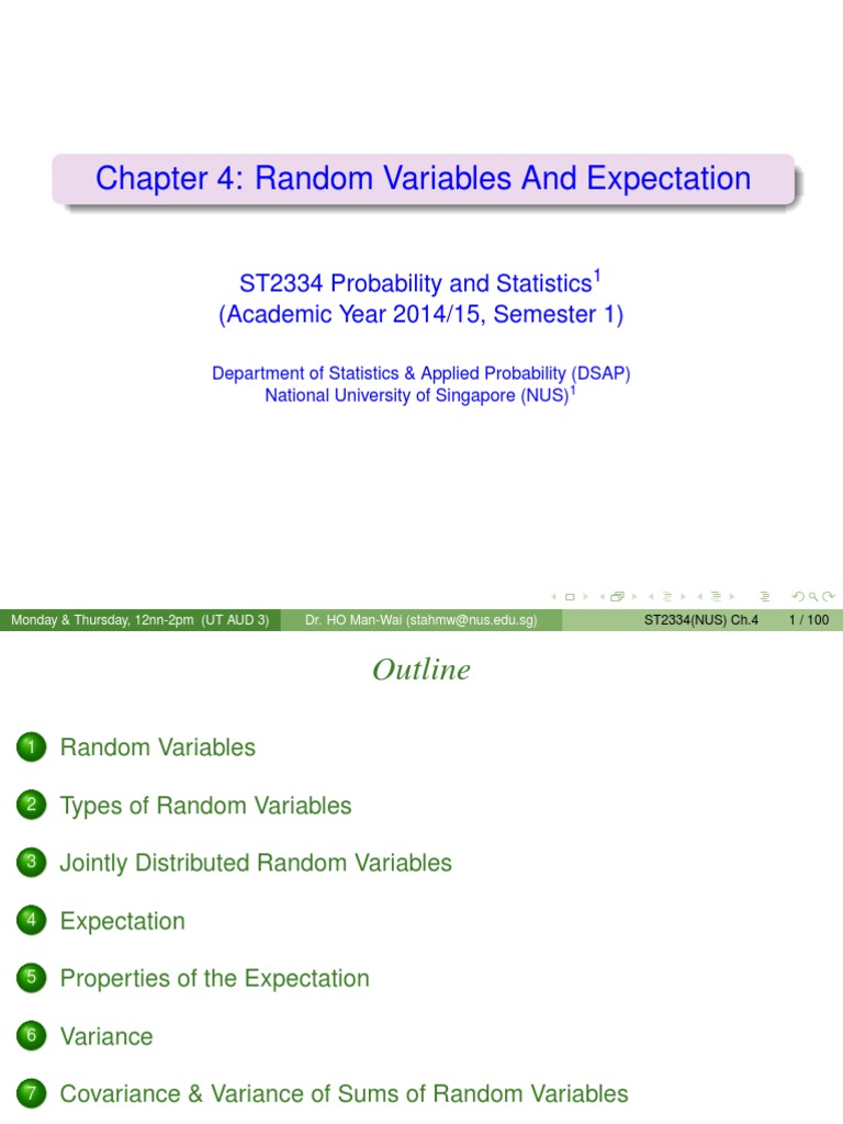 Chapter 4: Random Variables and Expectation: ST2334 Probability and Statistics (Academic Year ...