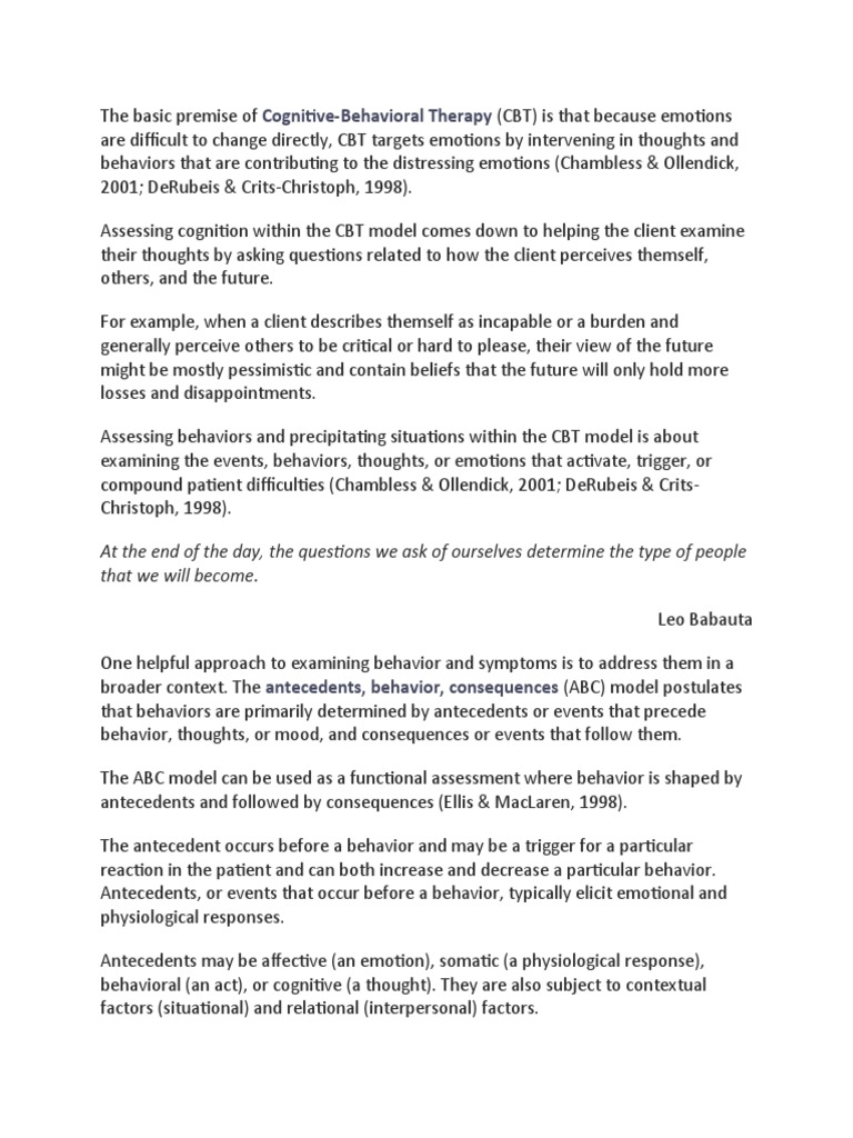 CBT Questions | PDF | Cognitive Behavioral Therapy | Affect (Psychology)