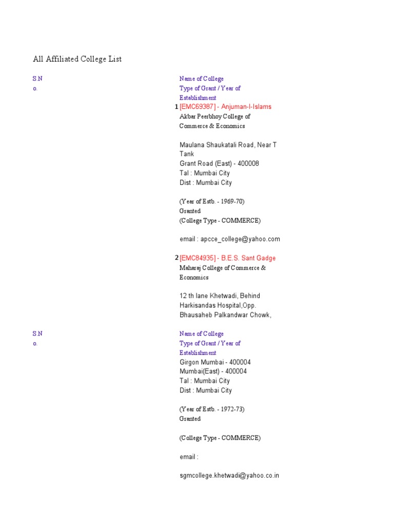 Updated All College List With Course Detailss | PDF