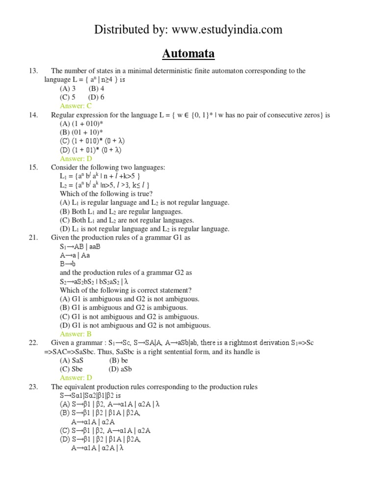Automata: Answer: C | PDF | Language Arts & Discipline | Foreign ...
