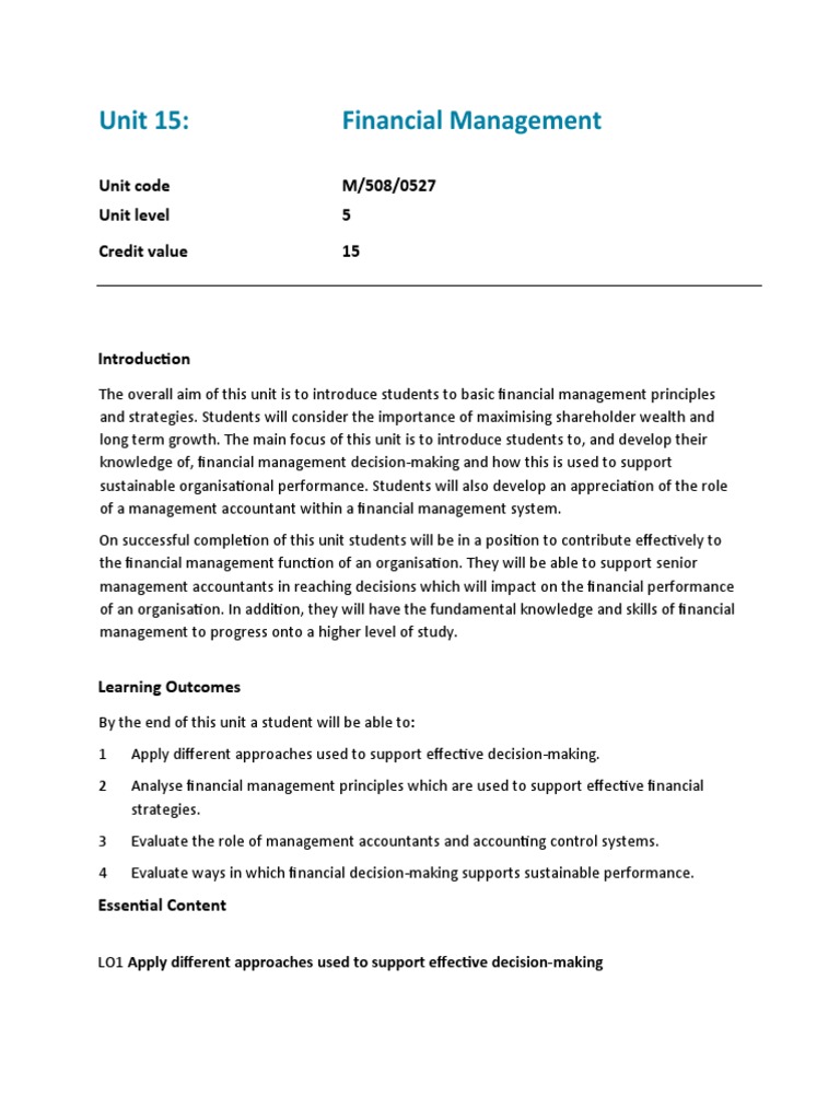 Unit 15: Financial Management: Unit Code M/508/0527 Unit Level 5 Credit ...
