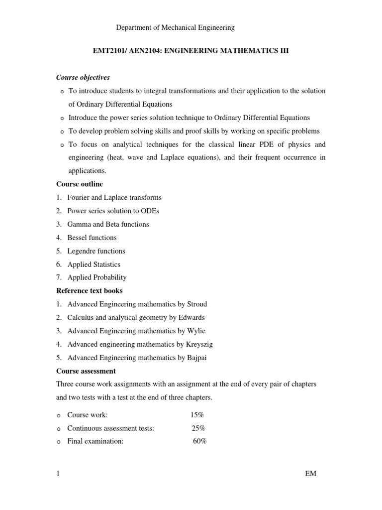 Analysis of an Engineering Mathematics Course Covering Integral ...