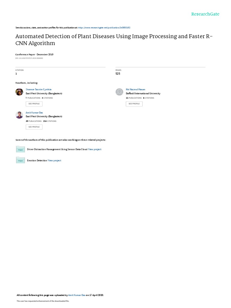 Automated Detection Of Plant Diseases Using Image Processing And Faster R Cnn Algorithm Pdf