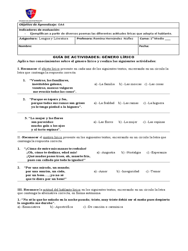 Guía de Actividades: Género Lírico | PDF | Amor