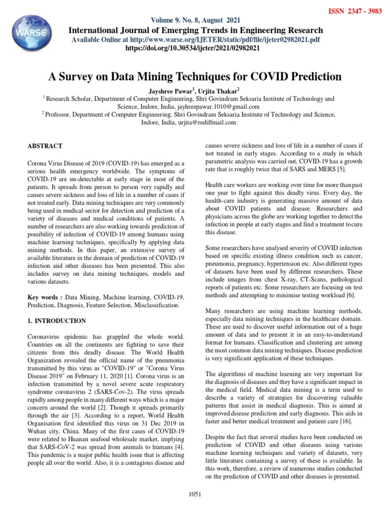 A Survey On Data Mining Techniques For COVID Prediction | PDF | Machine ...