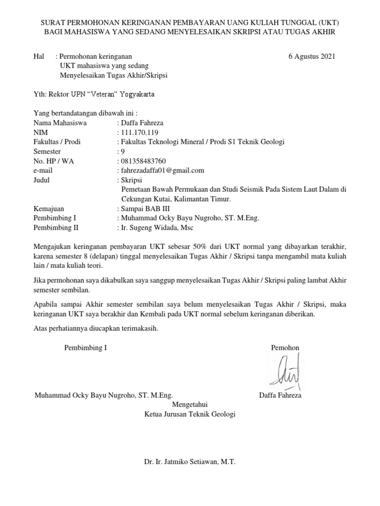 Daffa Fahreza - 111170119 - Surat Permohonan Keringanan Pembayaran - Revisi | PDF