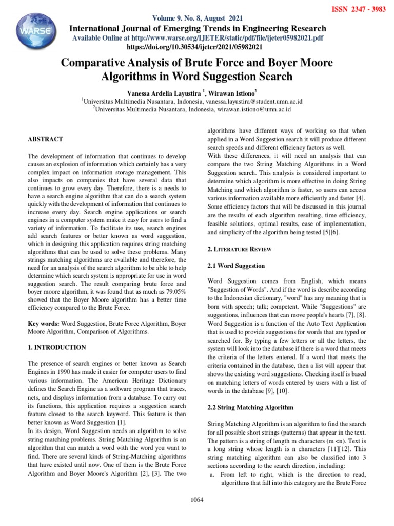 Comparative Analysis of Brute Force and Boyer Moore Algorithms in Word Suggestion Search | PDF ...