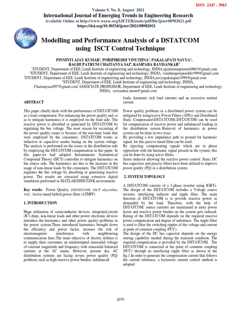 Modelling and Performance Analysis of A DSTATCOM Using ISCT Control Technique | PDF | Power ...