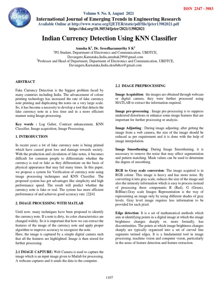 Indian Currency Detection Using KNN Classifier | PDF | Matrix ...
