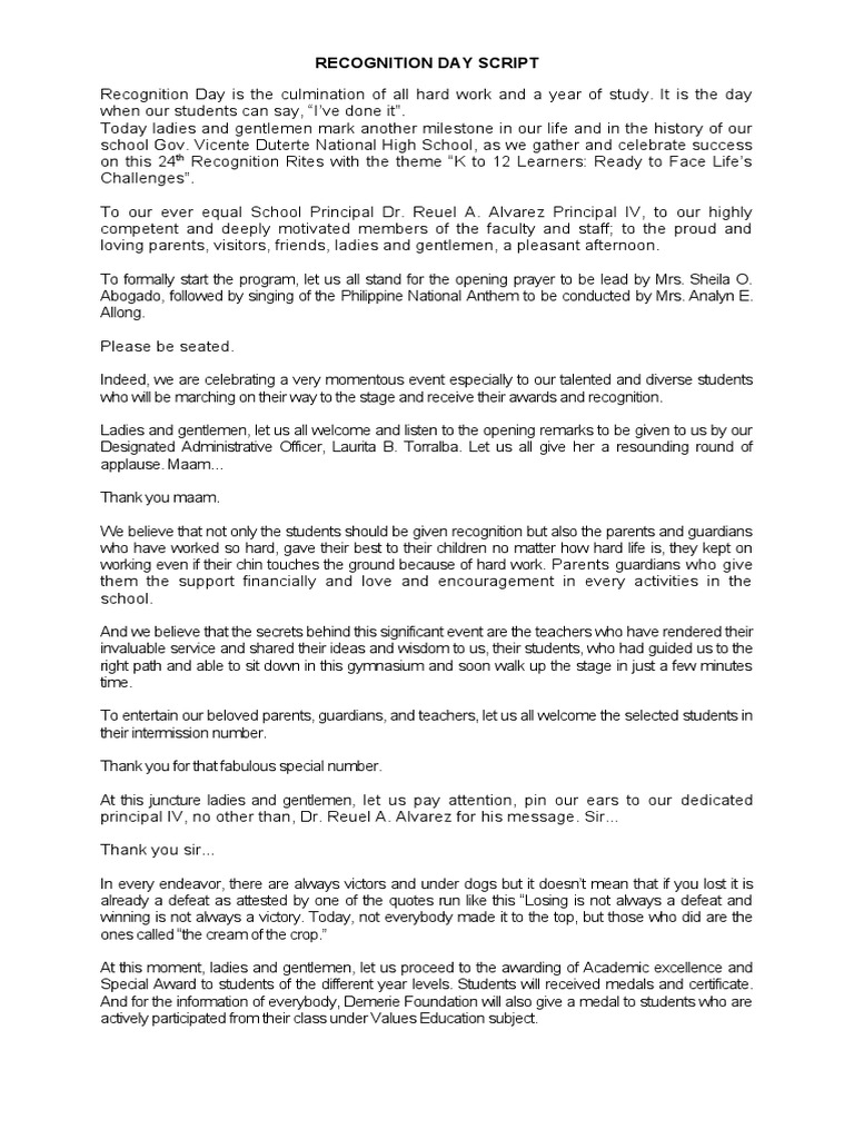 Recognition Day Script | PDF