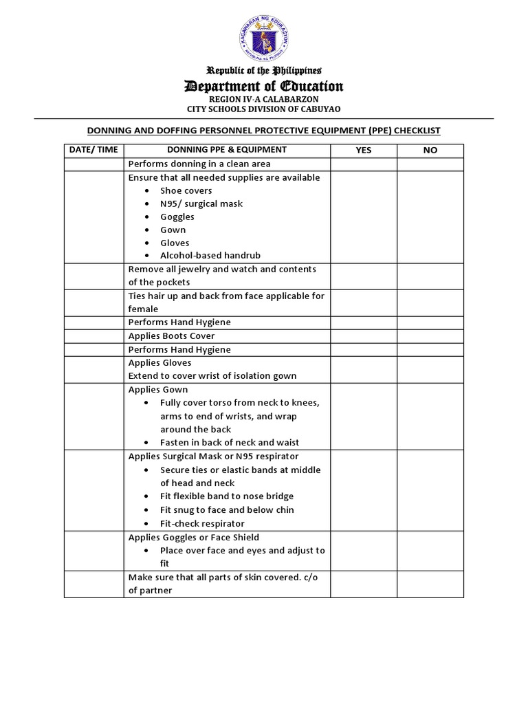 PPE Donning and Doffing Checklist | PDF | Personal Protective Equipment ...