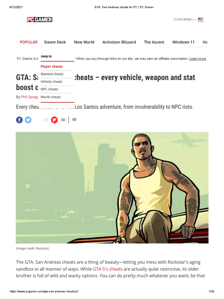 GTA - San Andreas Cheats For PC - PC Gamer | PDF | Cheating In Video ...