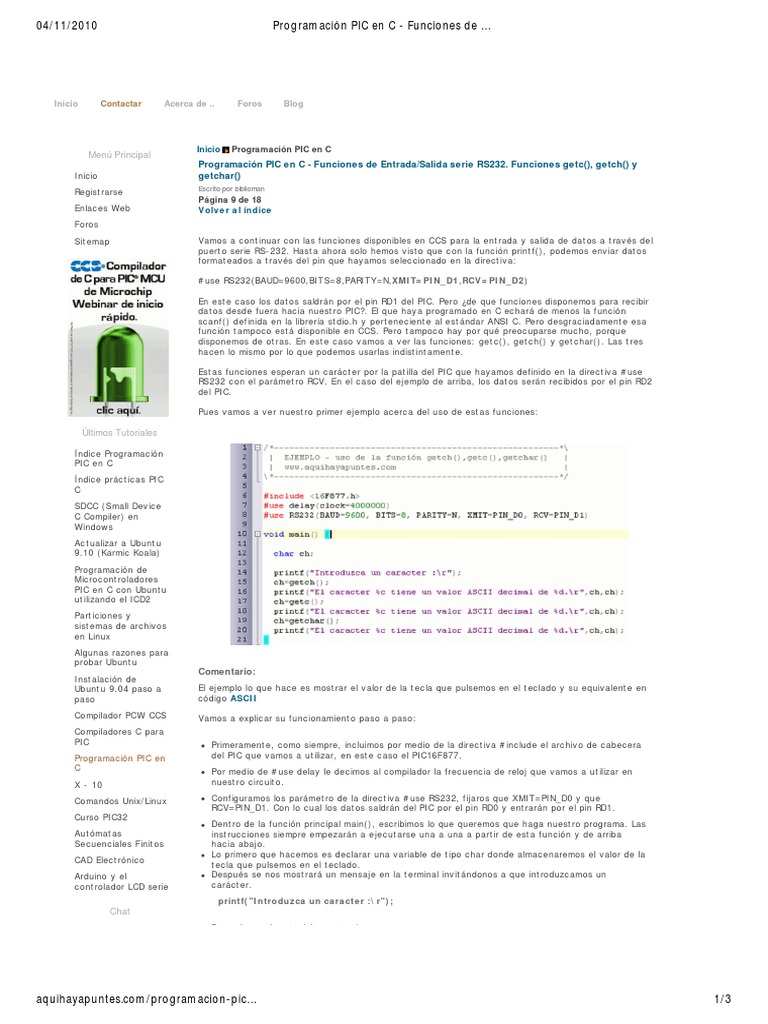 9.programación PIC en C - Funciones de Entrada - Salida Serie RS232. Funciones Getc, Getch y Ge ...
