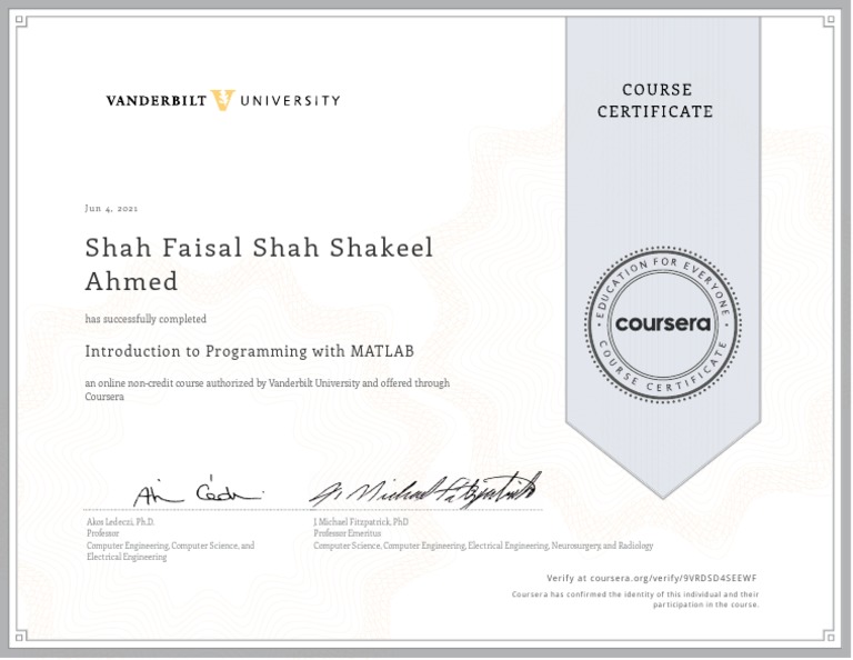 MOOCS Certificate Coursera MATLAB Shah Faisal PHD EE 12020008005011 | PDF