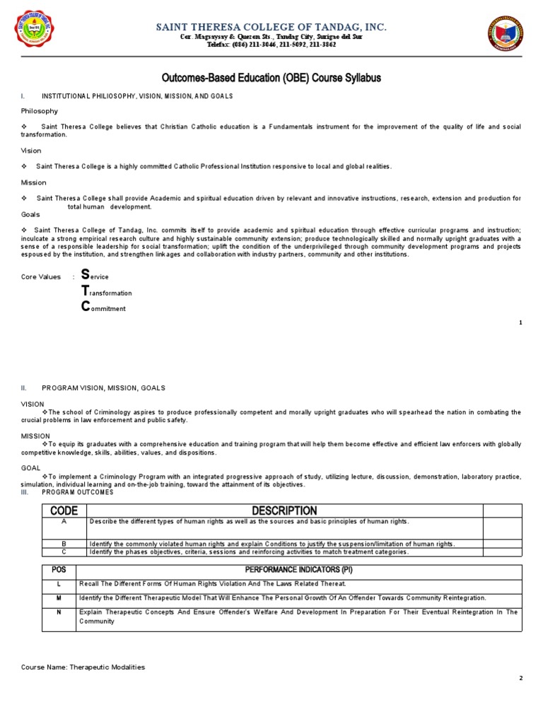 Outcomes-Based Education (OBE) Course Syllabus: Saint Theresa College ...