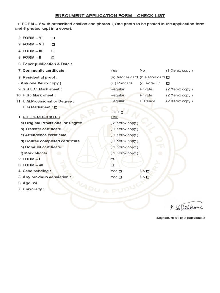 Enrolment Application Form - Check List | PDF | Advocate | Legal Education