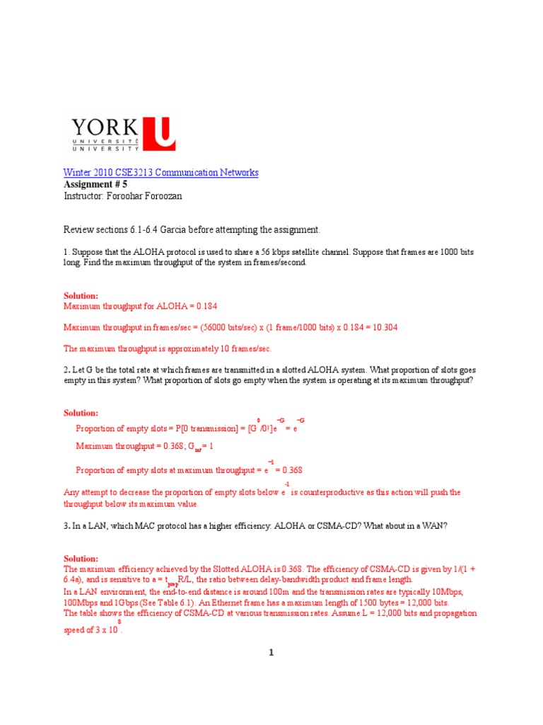 Assignment5 w2010 Solutions | PDF | Physical Layer Protocols | Computer Networking