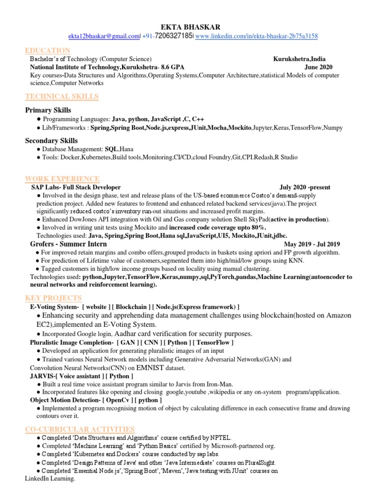 Full Stack Developer Resume - Ekta Bhaskar | PDF | Artificial Neural Network | Information ...